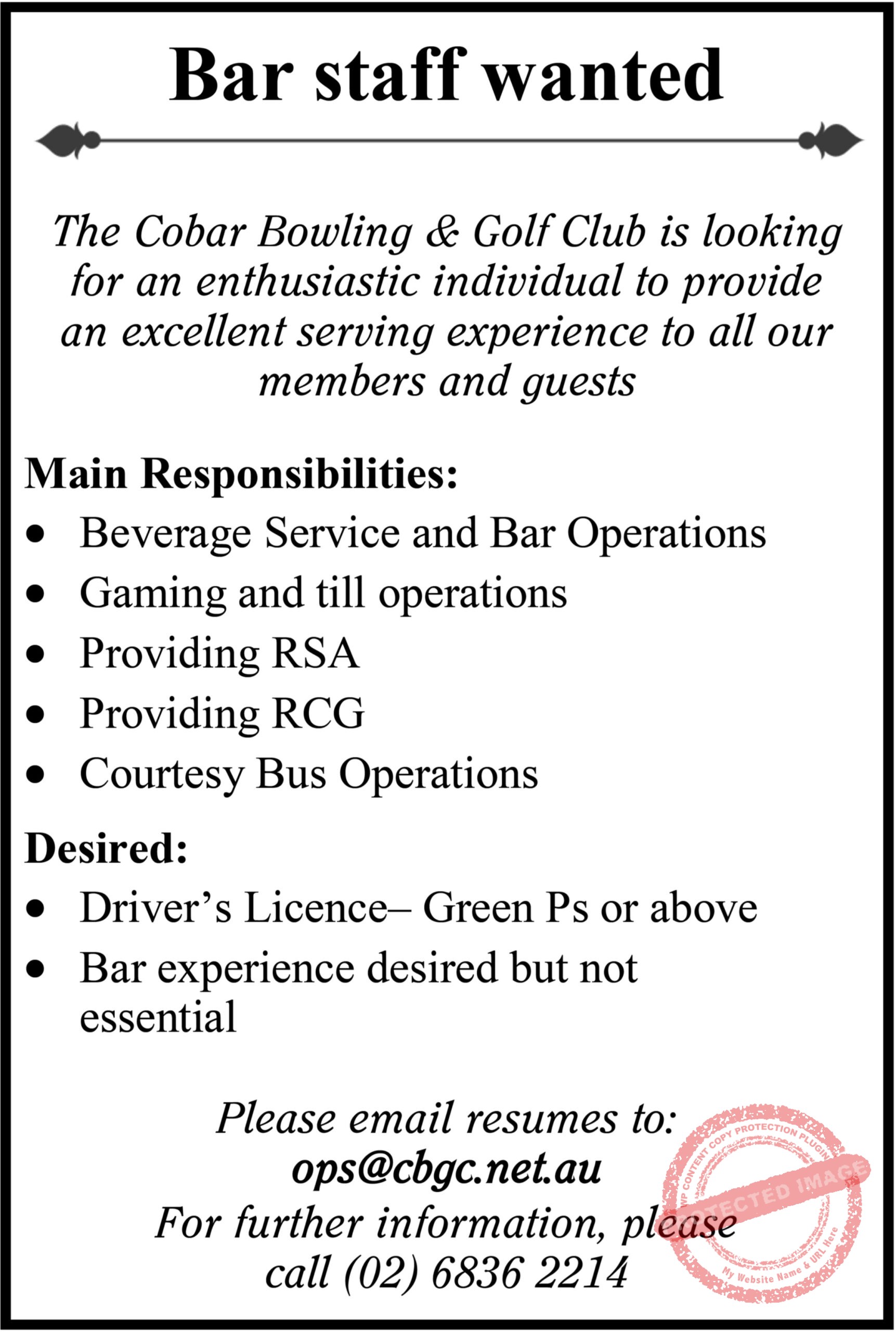 Golfie Bar Staff Wanted – The Cobar Weekly