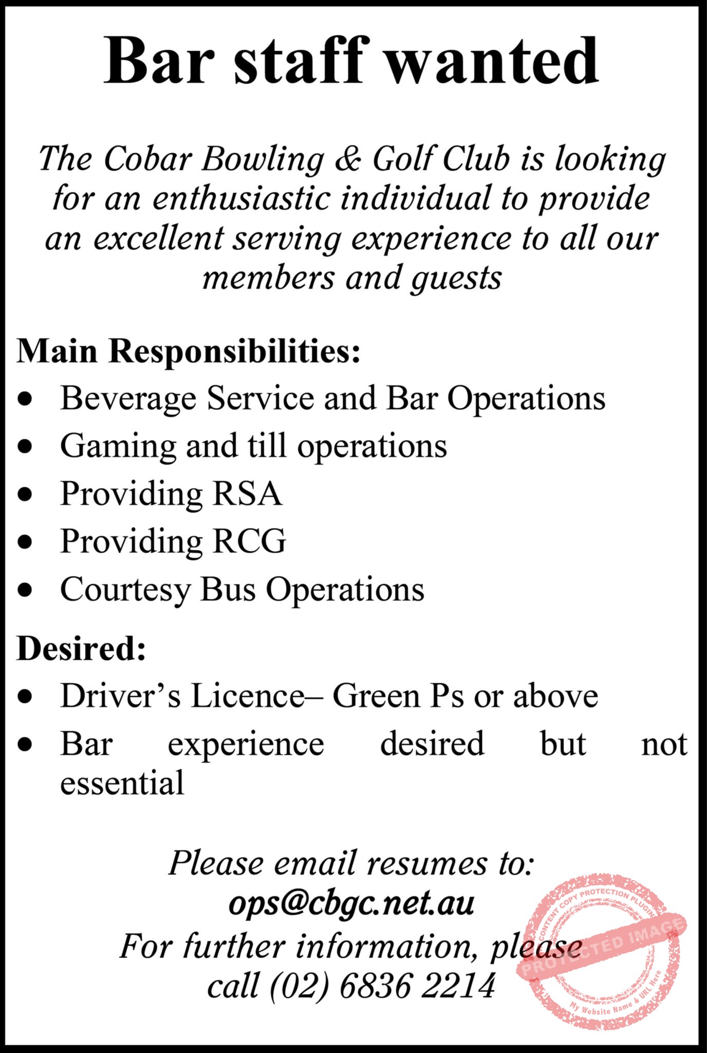 Bar Staff Wanted- Cobar Bowling and golf club – The Cobar Weekly