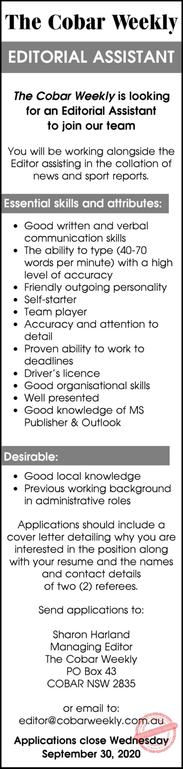 The Cobar Weekly – Editorial Assistant – The Cobar Weekly