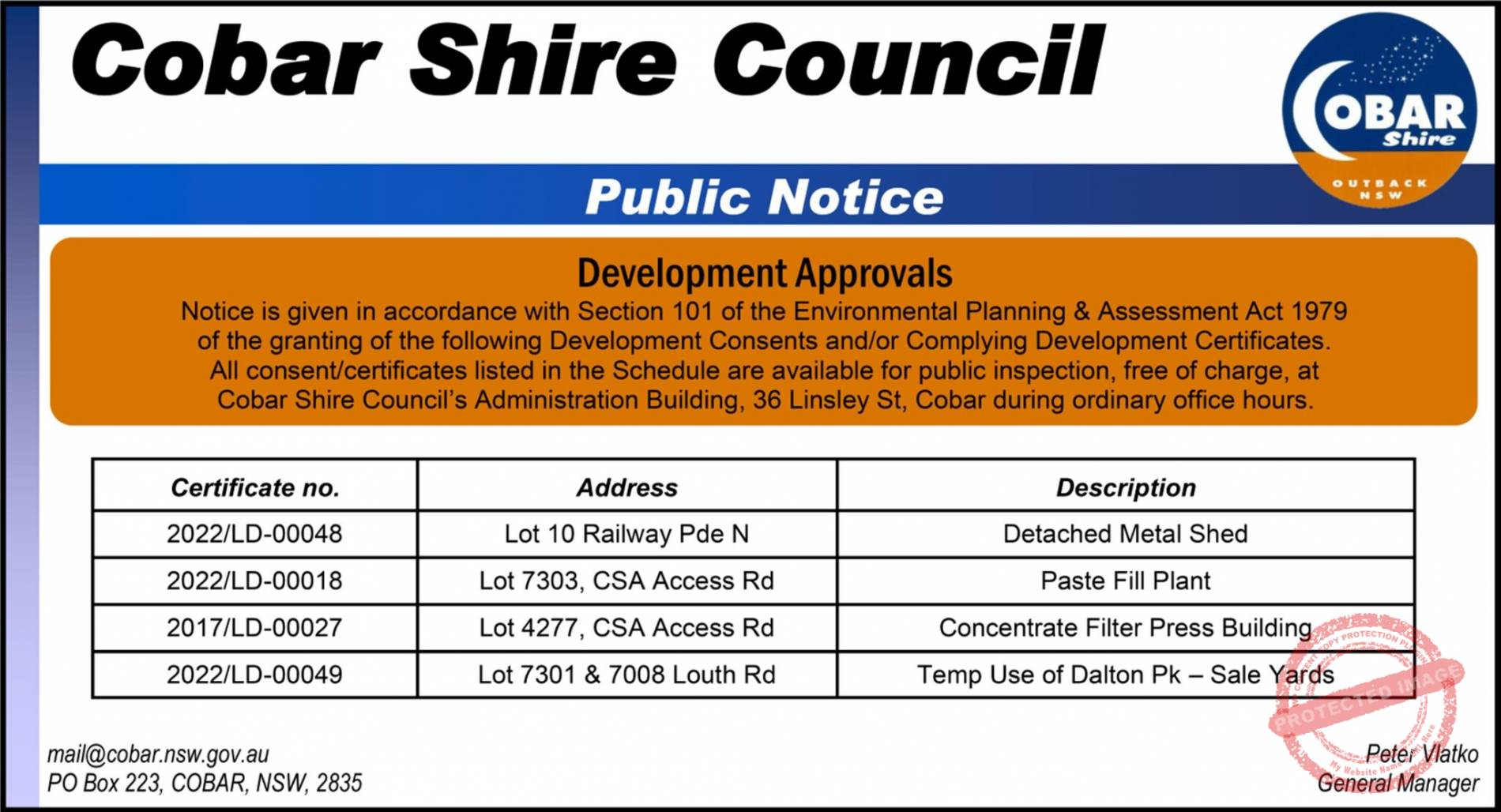Cobar Shire Council Public Notice – Development Approvals – The Cobar Weekly